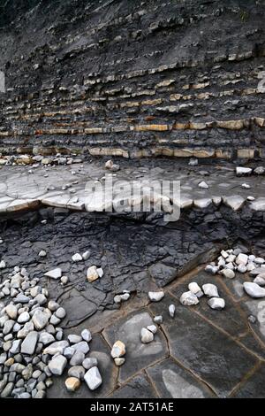 Limestone and shale rock formations on the shore at Kilve, Somerset ...