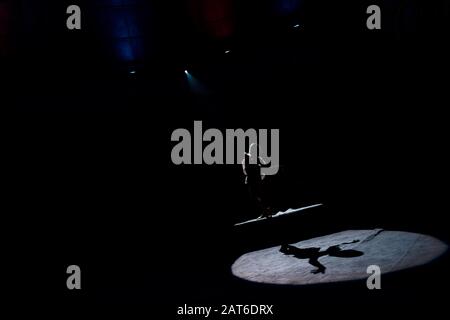 silhouette of aerial acrobat on rope in arena of circus Stock Photo - Alamy