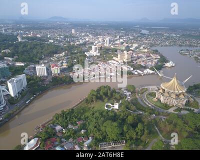 Aerial view of the Kuching city area, with the rivers, bridges, hills ...