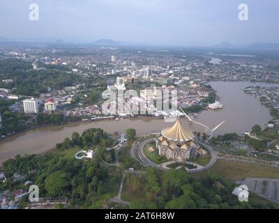 Aerial view of the Kuching city area, with the rivers, bridges, hills ...