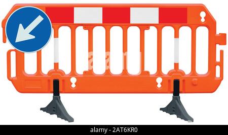 Mandatory keep left obstacle detour road sign and safety barrier ...