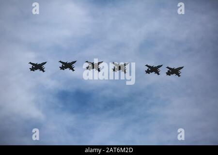 A squadron formation of russian attack aircrafts in the air, russian ...