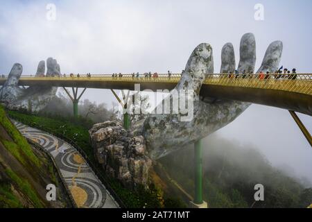 Golden bridge of the Hand of God in da Nang in Vietnam. January 16 ...