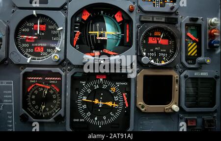 Flight instruments on an instrument panel in a cockpit of Boeing 777 ...