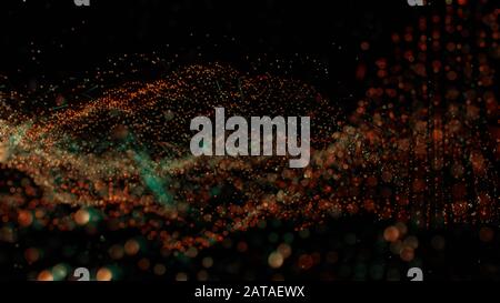 Plexus of abstract orange and green dots on a black background. Loop animations. 3D illustration ...