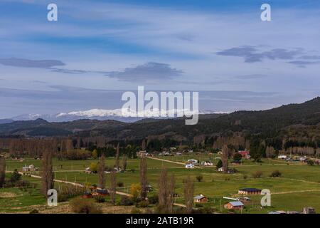 Lanscape view of green valley of Cholila, Chubut, Patagonia, Argentina ...