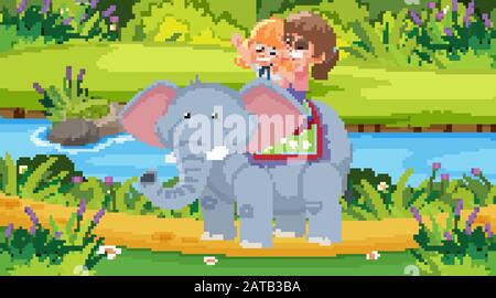 Two Kids Riding Elephant in the Jungle illustration Stock Vector Image ...