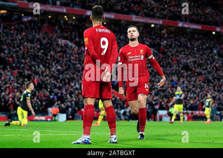 Jordan Henderson (r) of Liverpool celebrates scoring the second goal of ...