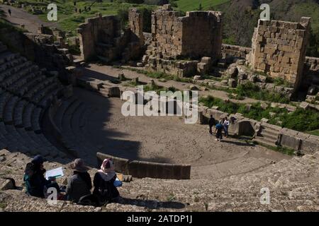 Algeria Djemila Roman ruins of amphitheatre and mountains Stock Photo ...