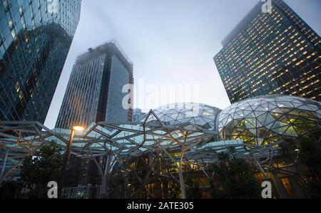 The glass dome Spheres at Amazon headquarter at night in downtown ...