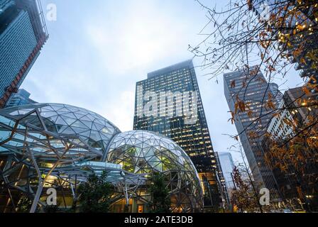 The glass dome Spheres at Amazon headquarter at night in downtown ...