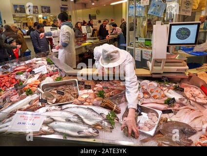 Ashton's fish stall Cardiff indoor market, Wales, UK Stock Photo - Alamy