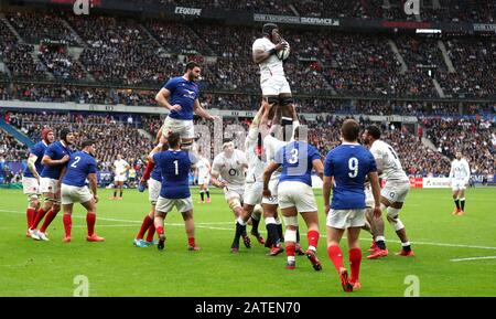England's Maro Itoje wins a line out during the Six Nations rugby union ...