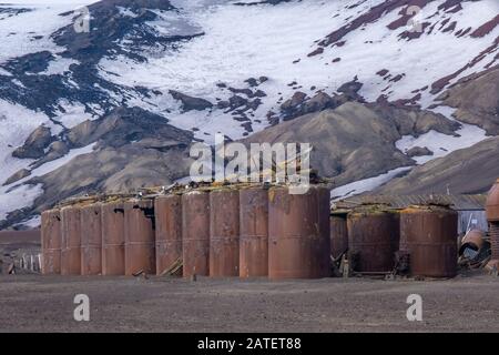 Ruined remains of a historical whaling station destroyed by a volcano ...
