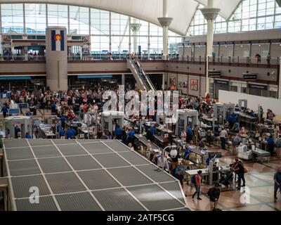 Busy TSA security checkpoint at Denver, Colorado International Airport ...