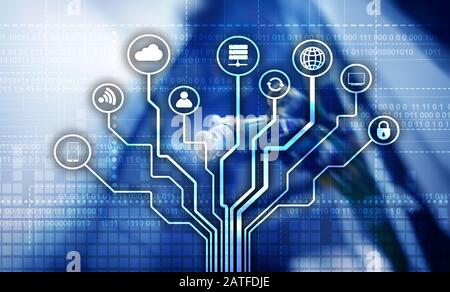 Telecommunication concept. Binary code on large data center background ...