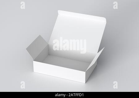 Blank white wide flat box with opened hinged flap lid on black ...