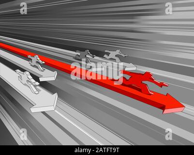 five men riding on fast diagram arrows in abstract business diagram ...