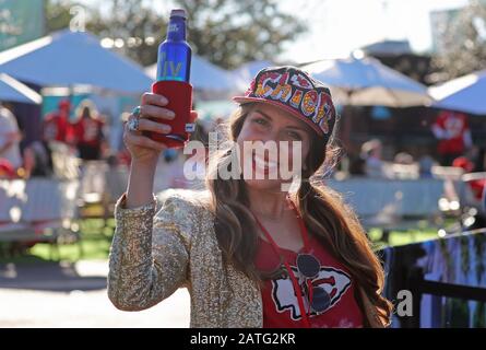 A Kansas City Chiefs fan arrives for the NFL Super Bowl 54 football ...