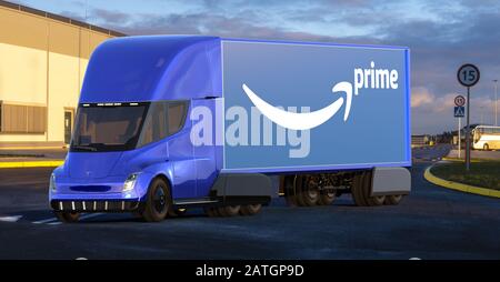 Tesla Semi Truck with a semi-trailer with the Amazon Prime logo Stock ...