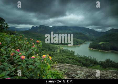 Scenic view of Mattupetty Dam Reservoir while traveling to Top Station ...