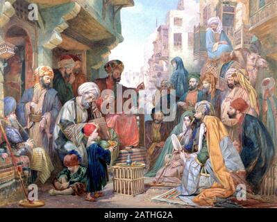 Busy street scene in Cairo, late 1800s. Hand-colored woodcut Stock ...