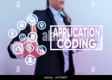 Writing note showing Application Coding. Business concept for process by which a mobile app is ...