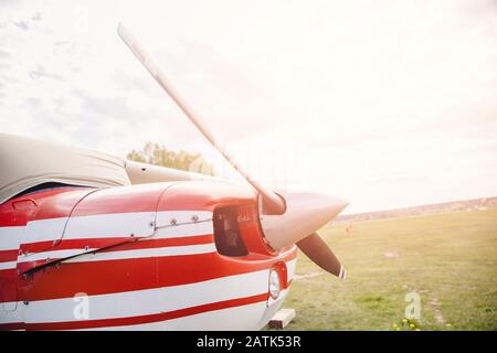 Engine detail with propeller and glass cabin, American vintage aircraft ...
