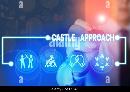Writing note showing Castle Approach. Business concept for Fortified place built by nobles Home ...