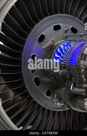 Jet engine turbine blades of plane, aircraft concept, aviation and ...