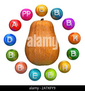 Vitamins and minerals of squash, 3D rendering isolated on white ...