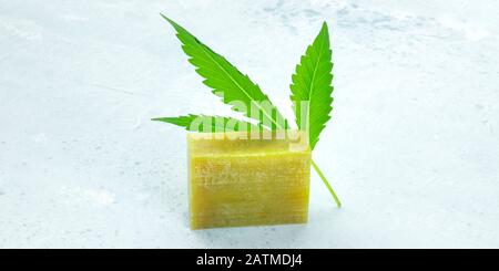 Cannabis soap bar panorama, with a cannabis leaf and copy space Stock ...