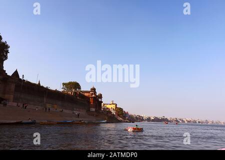 Long view of popular Assi Ghat with several pilgrims, that stands at ...