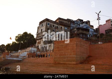 Long view of popular Assi Ghat with several pilgrims, that stands at ...