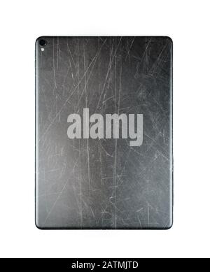Scratched back side of tablet and broken lens isolated on white ...