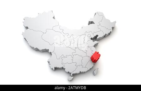 Zhejiang. A province of China. A detailed 3D rendering of a shaded ...