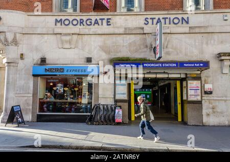 Moorgate London Underground station entrance with sign above Stock ...