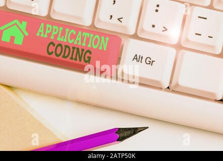 Writing note showing Application Coding. Business concept for process by which a mobile app is ...