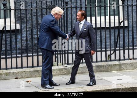 London, UK. 4 February 2020. Hassanal Bolkiah, the Sultan of Brunei, (R ...