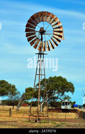 Australia, wind schist tree and wind wheel in Greenough district Stock ...