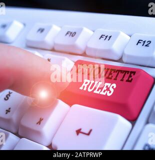 Writing note showing Etiquette Rules. Business concept for customs that ...