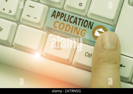Writing note showing Application Coding. Business concept for process by which a mobile app is ...