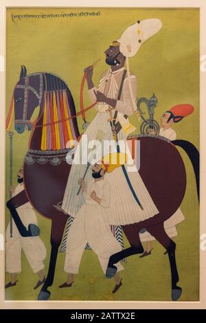 Painting of Rajput King on horse marching with army and bullock cart ...