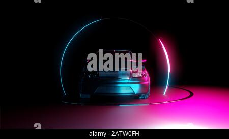 Car with neon light circle frames on dark background. 3D illustration ...