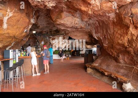 Cafe bar in the Cova d'en Xoroi cave complex, Cala'n Porter, Menorca ...