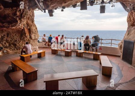 Cafe bar in the Cova d'en Xoroi cave complex, Cala'n Porter, Menorca ...