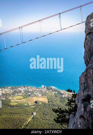 Above the rope bridge over a cliff in Punta Christo, Pula, Croatia ...