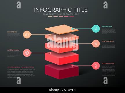 Layers levels infographic template - red stripe layers in square infochart with five stripes ...