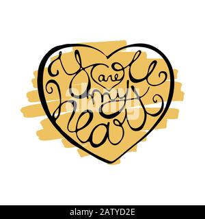 Handwriting lettering inside heart shape with radial rays. Design ...