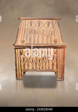 Minoan pottery coffin chest coffin with gabled lid decorated with a net ...